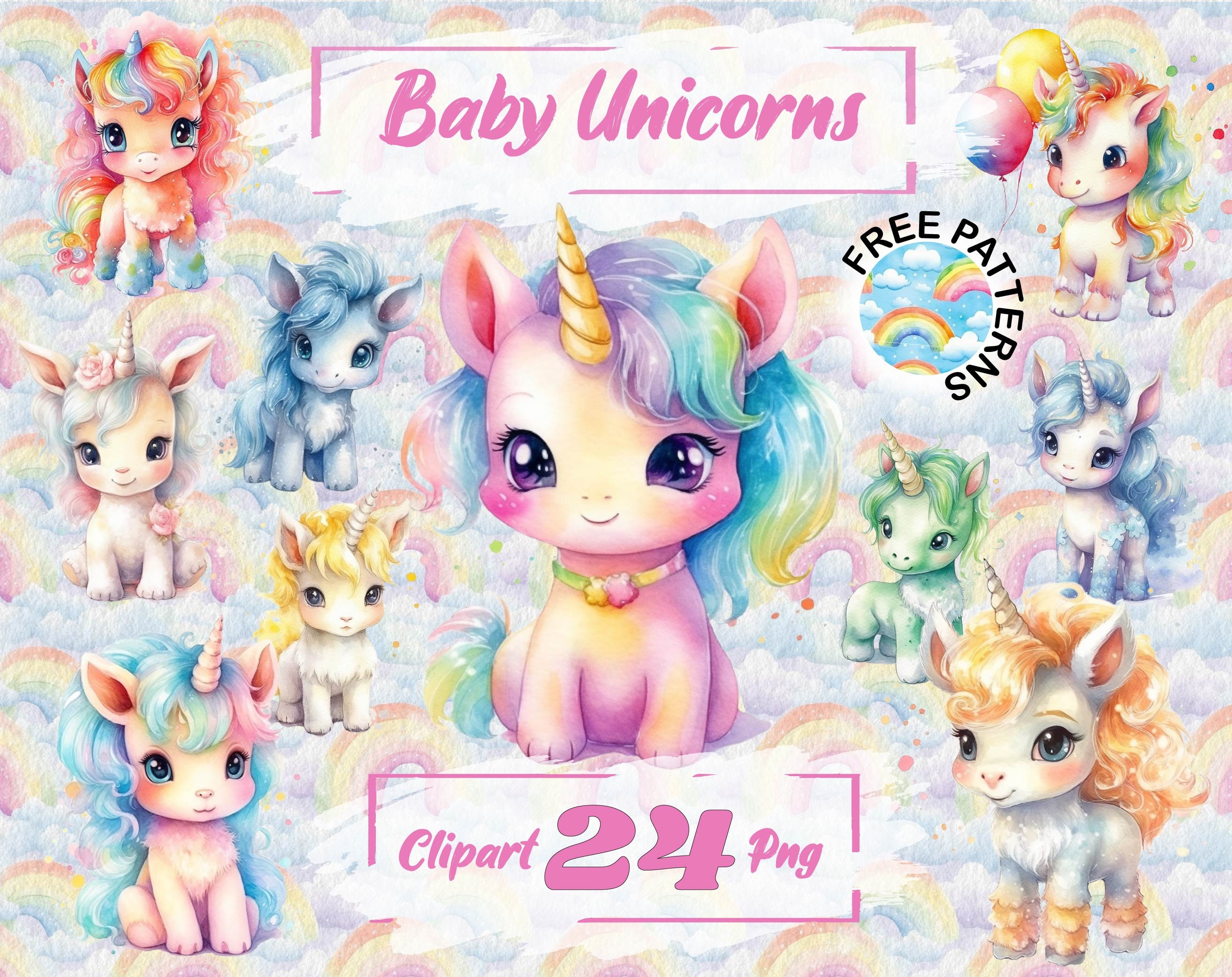 Cute Unicorn Watercolor Clipart Baby Unicorns PNG Magic - Etsy