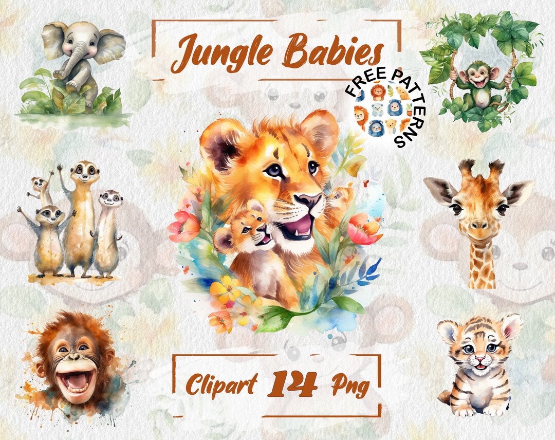 Watercolor Jungle Baby Animals Cute Animals Clipart Watercolor Jungle ...