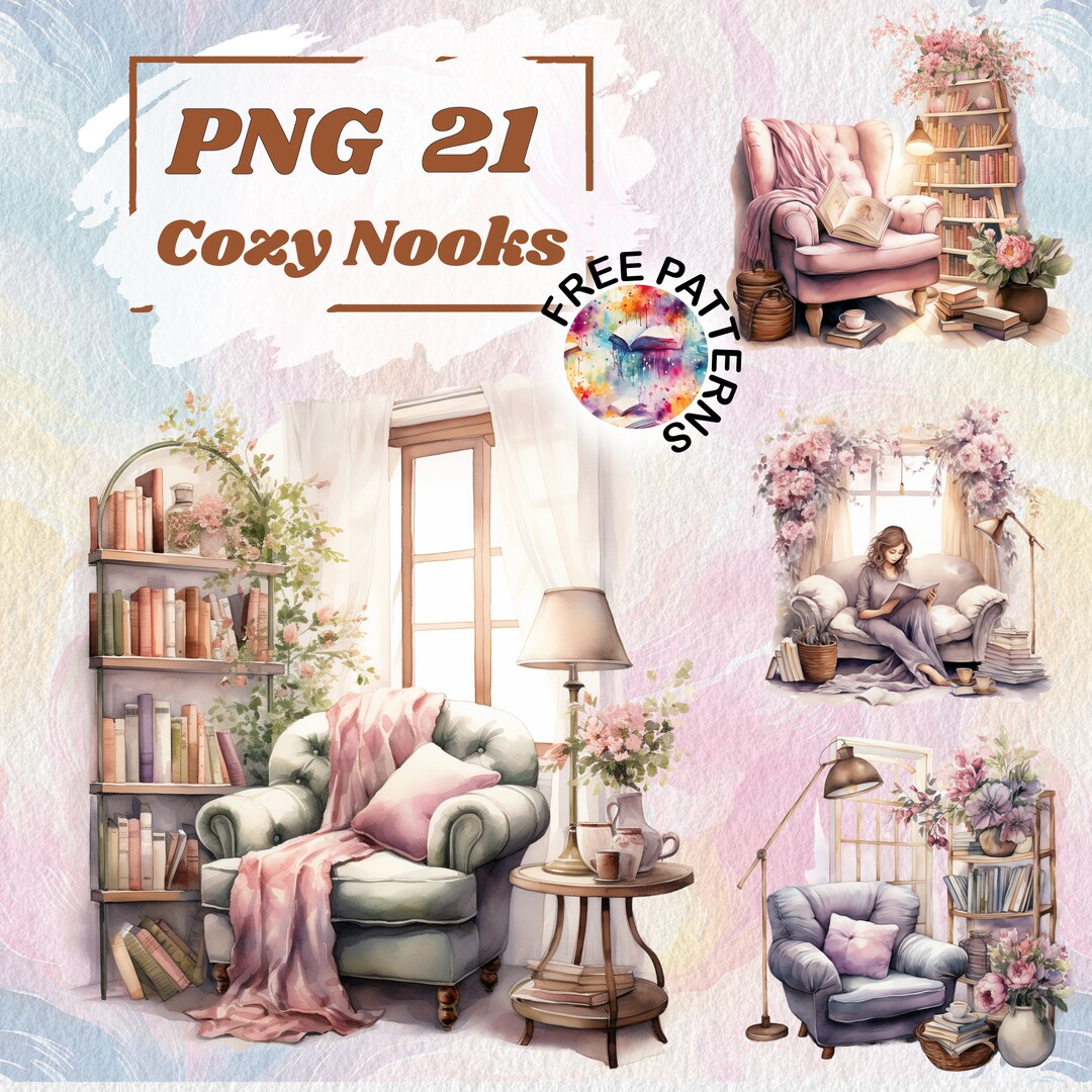 Cozy Nooks Clipart, Watercolor Cozy Reading Corner, Bookworm Graphics ...