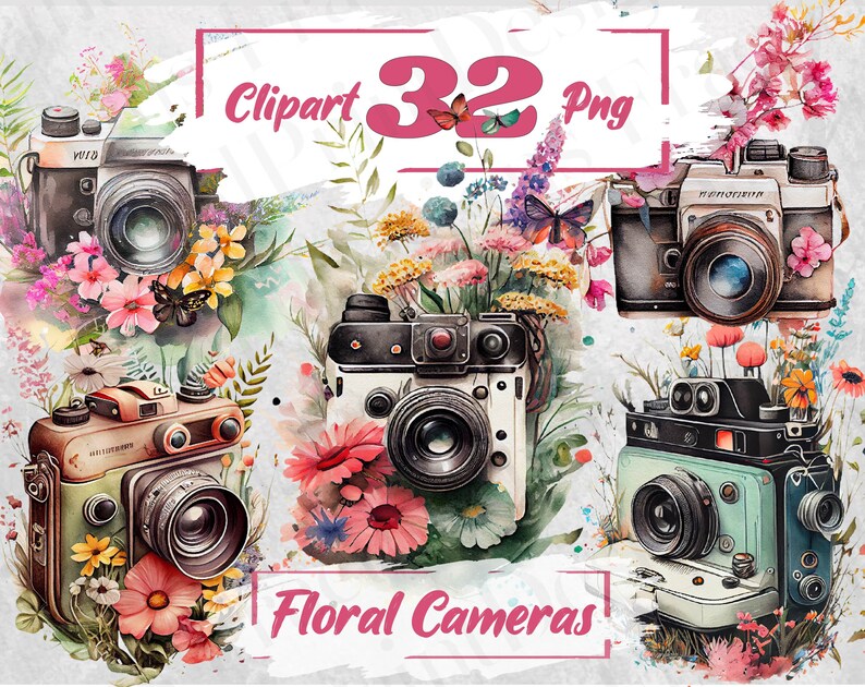 Watercolor Retro Cameras Clipart Vintage Floral Shabby - Etsy