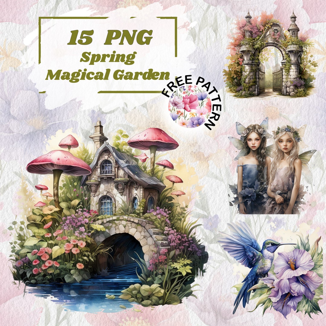 Spring Magical Garden Clipart, Watercolor Garden Flowers, Spring Garden ...
