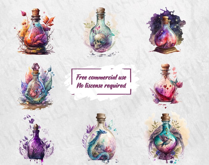 Witches Potion Bottles Watercolor Clipart Magical Mystical - Etsy