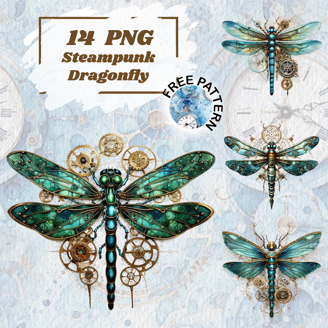 Steampunk Dragonfly Clipart Watercolor Steampunk PNG Dragonfly Clipart Bundle Butterflies PNG ...