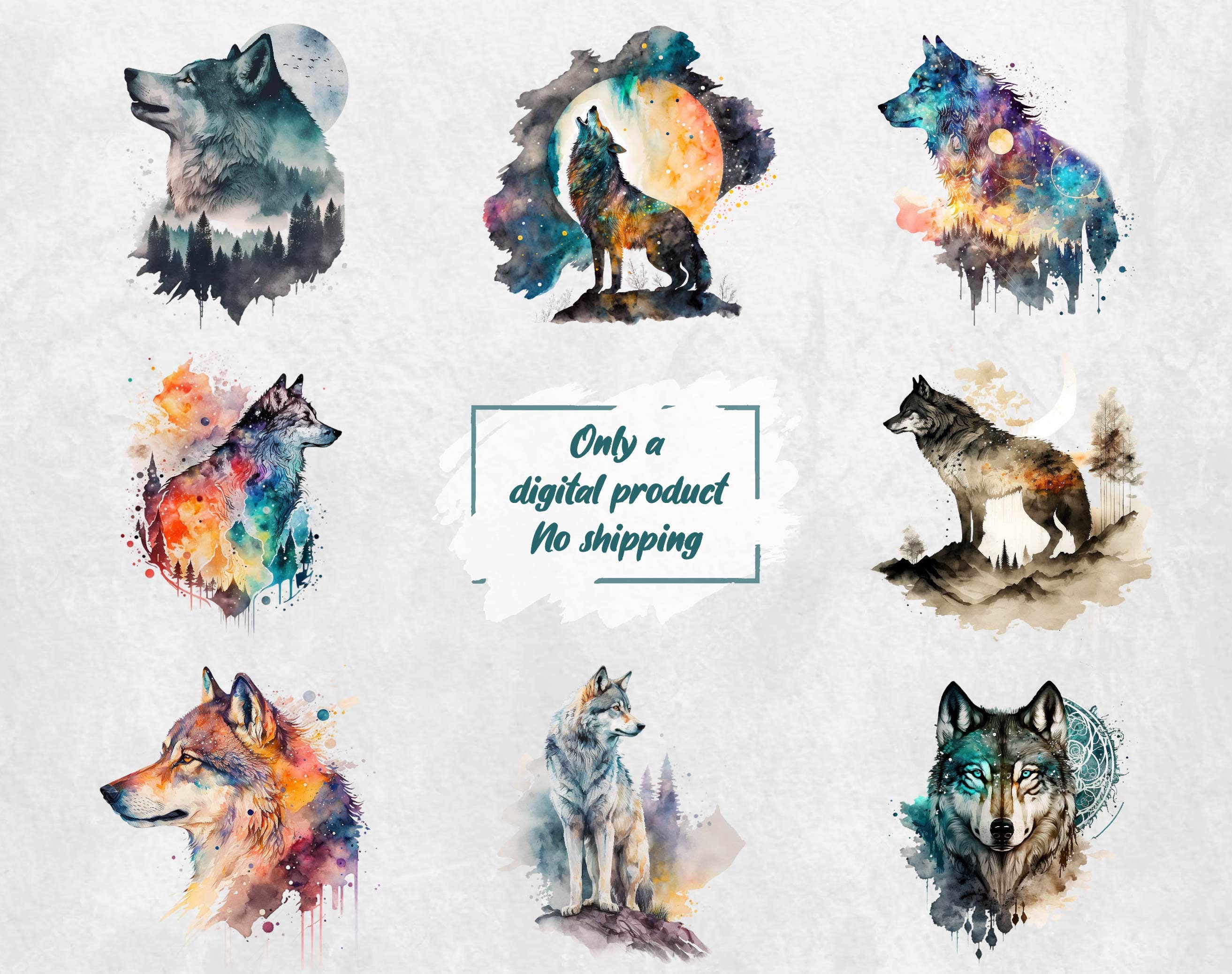 Watercolor Wolf PNG Bundle Cosmic Wolves Clipart Bundle - Etsy