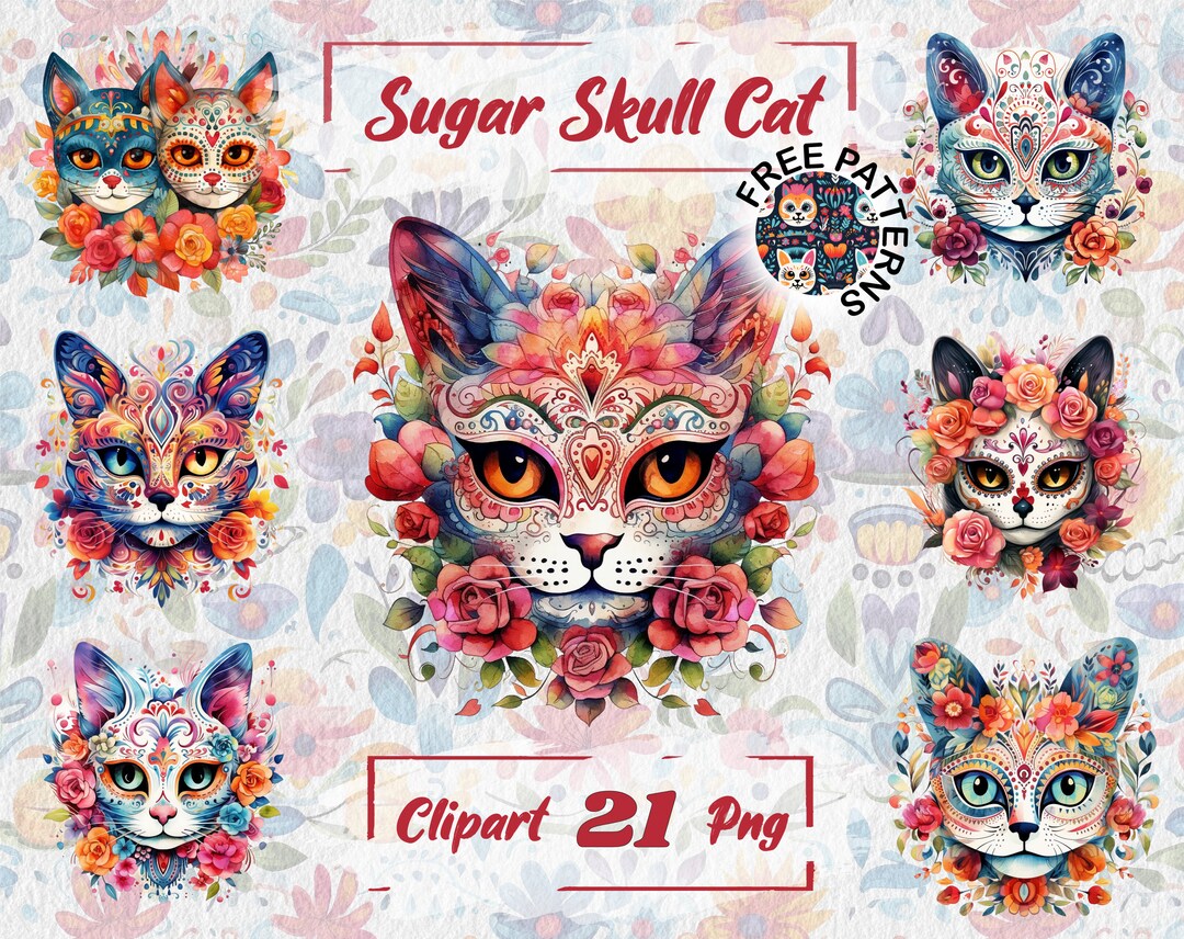 Sugar Skull Cat Clipart, Watercolor Sugar Skull PNG, Dia De Los Muertos ...