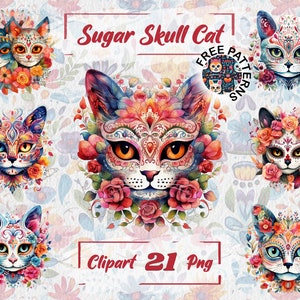 Sugar Skull Cat Clipart, Watercolor Sugar Skull PNG, Dia De Los Muertos ...