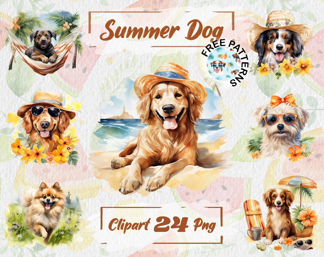Watercolor Summer Dogs Dogs on a Beach Summer Graphics Cute Animals ...
