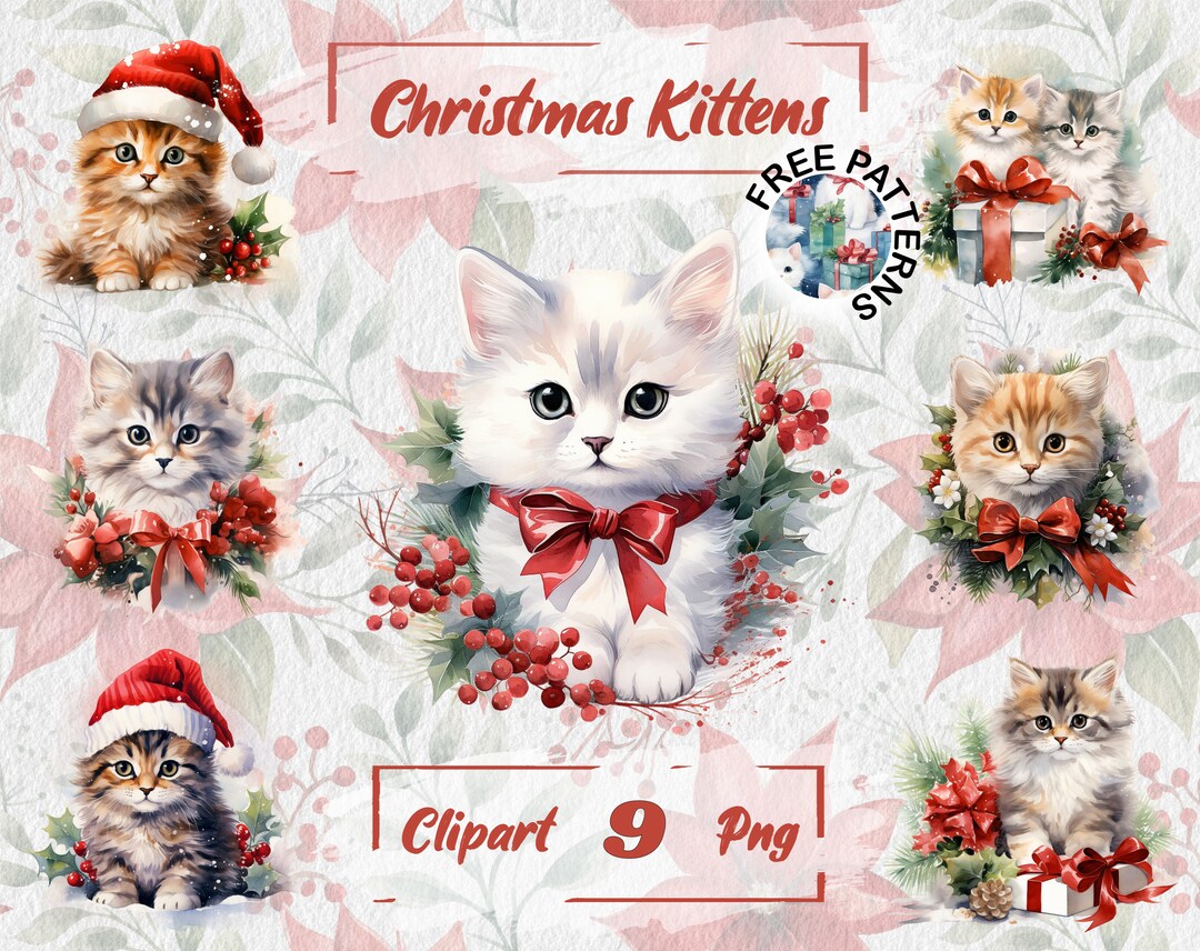 Christmas Kittens Clipart, Watercolor Cute Cats, Transparent Christmas ...
