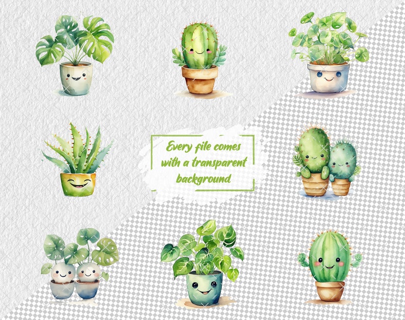 Watercolor Cute Plants Kawaii Plants Kawaii Clipart Watercolor Cute ...