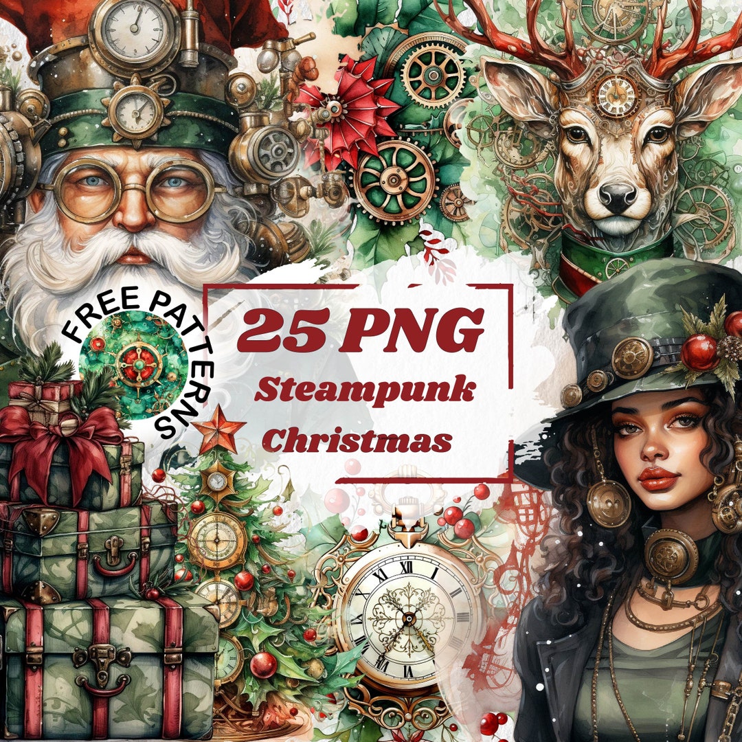 Steampunk Christmas Clipart, Watercolor Steampunk Santa, Reindeer ...