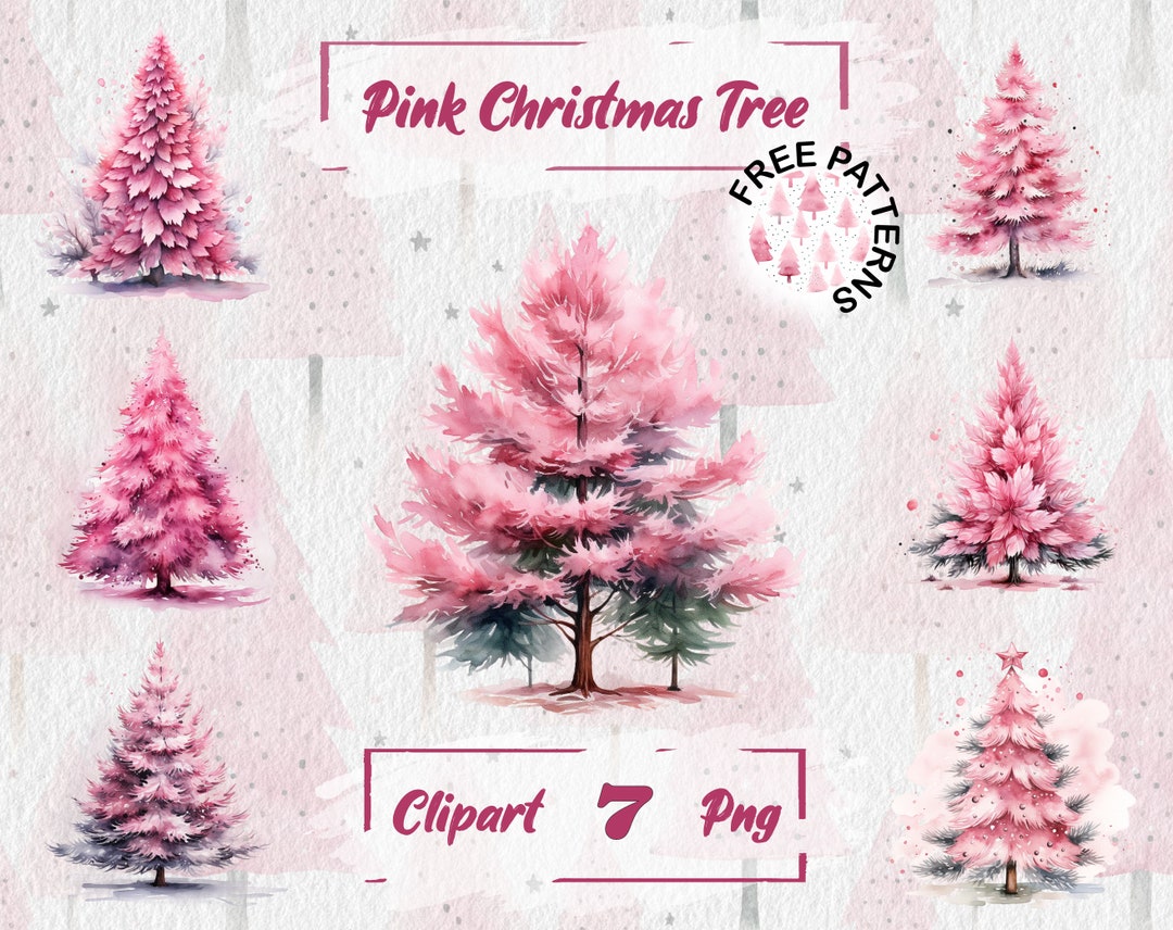Pink Christmas Tree, Watercolor Clipart Bundle, Christmas Sublimation ...
