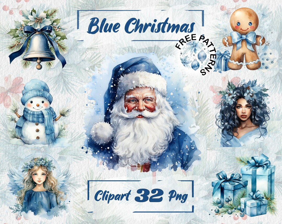 Blue Christmas Clipart, Watercolor Christmas Graphics, Christmas Decor ...