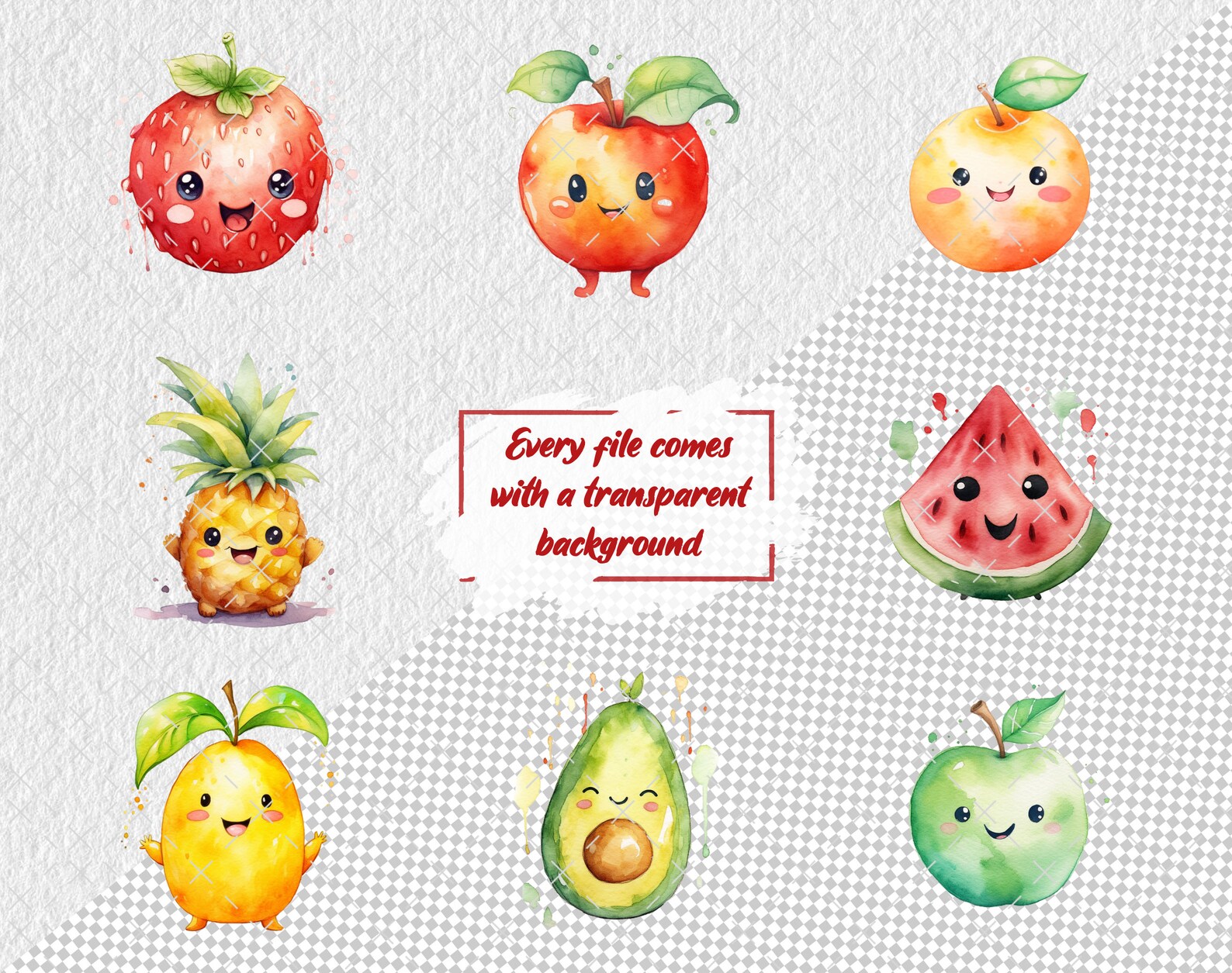 Watercolor Cute Fruits Kawaii Fruits Kawaii Clipart Watercolor Cute ...