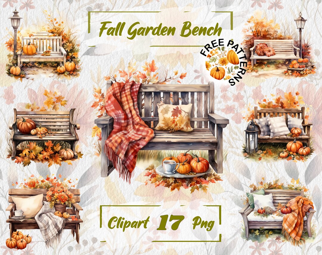 Watercolor Fall Bench Clipart Autumn Garden Clipart Autumn Leaves PNG ...