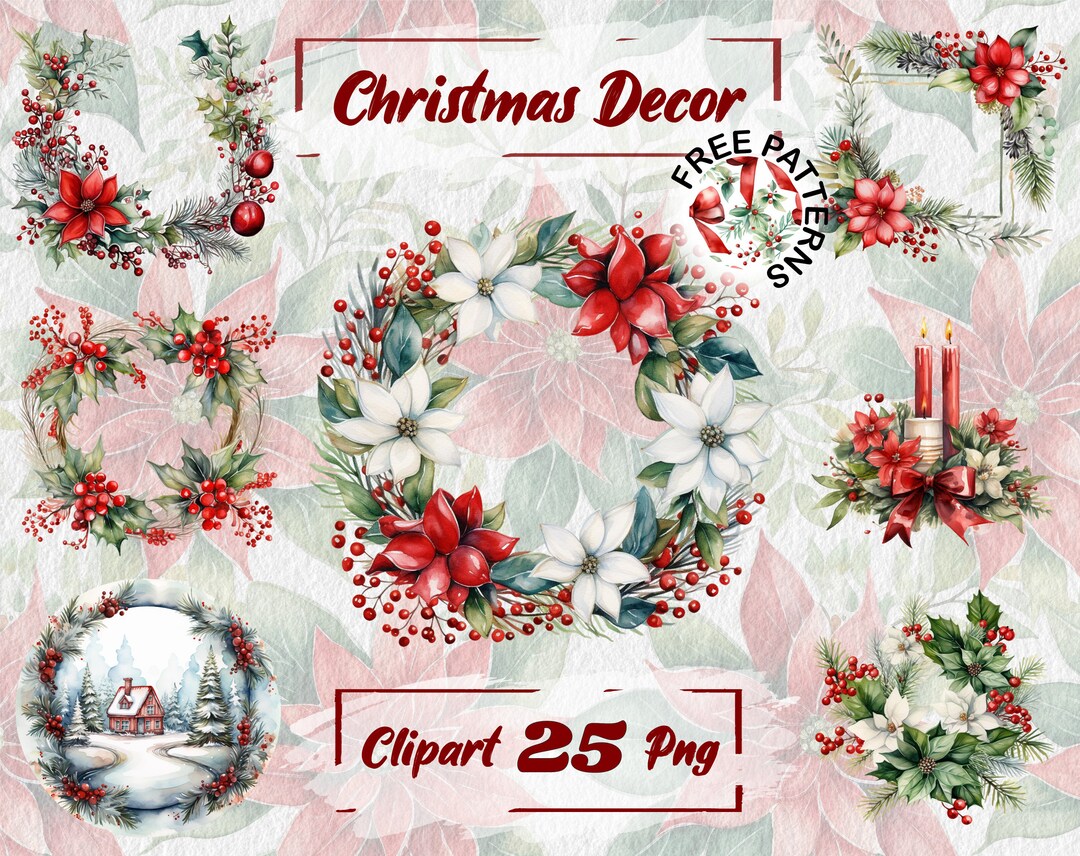 Christmas Decor Clipart, Watercolor Christmas Decorations, Transparent ...