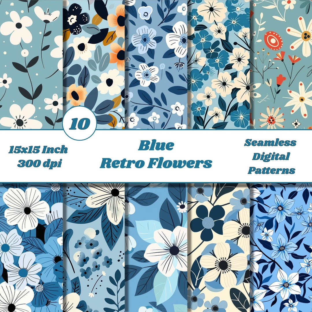 Blue Retro Flowers Seamless Pattern - Vintage Floral Designs, Retro ...
