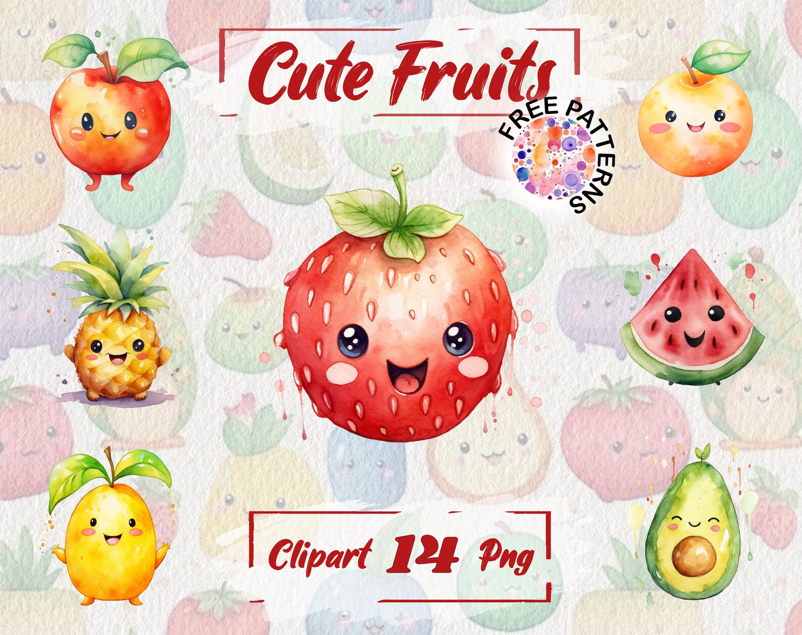 Watercolor Cute Fruits Kawaii Fruits Kawaii Clipart Watercolor Cute ...