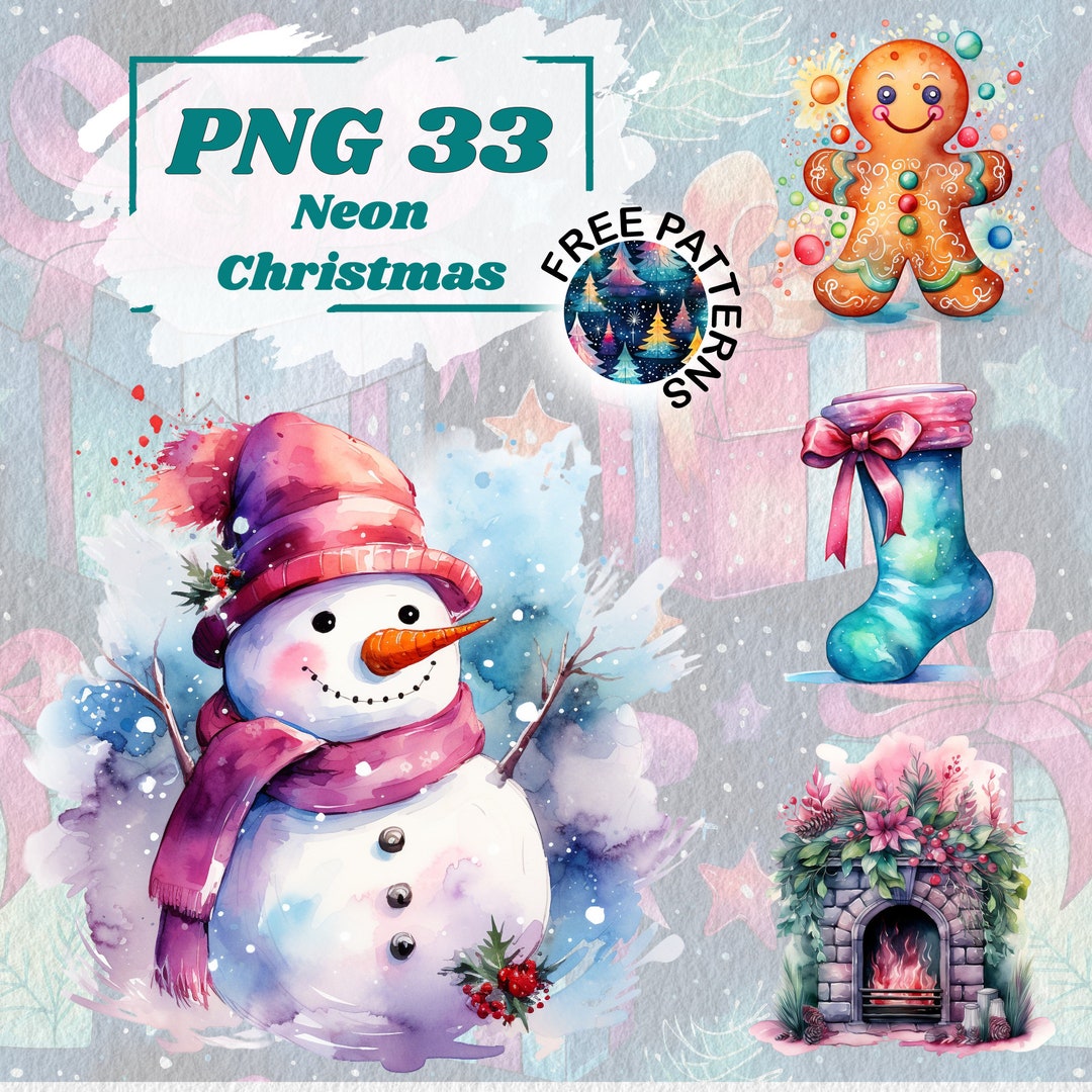 Neon Colorful Christmas Clipart, Watercolor Xmas Bundle, Bright ...