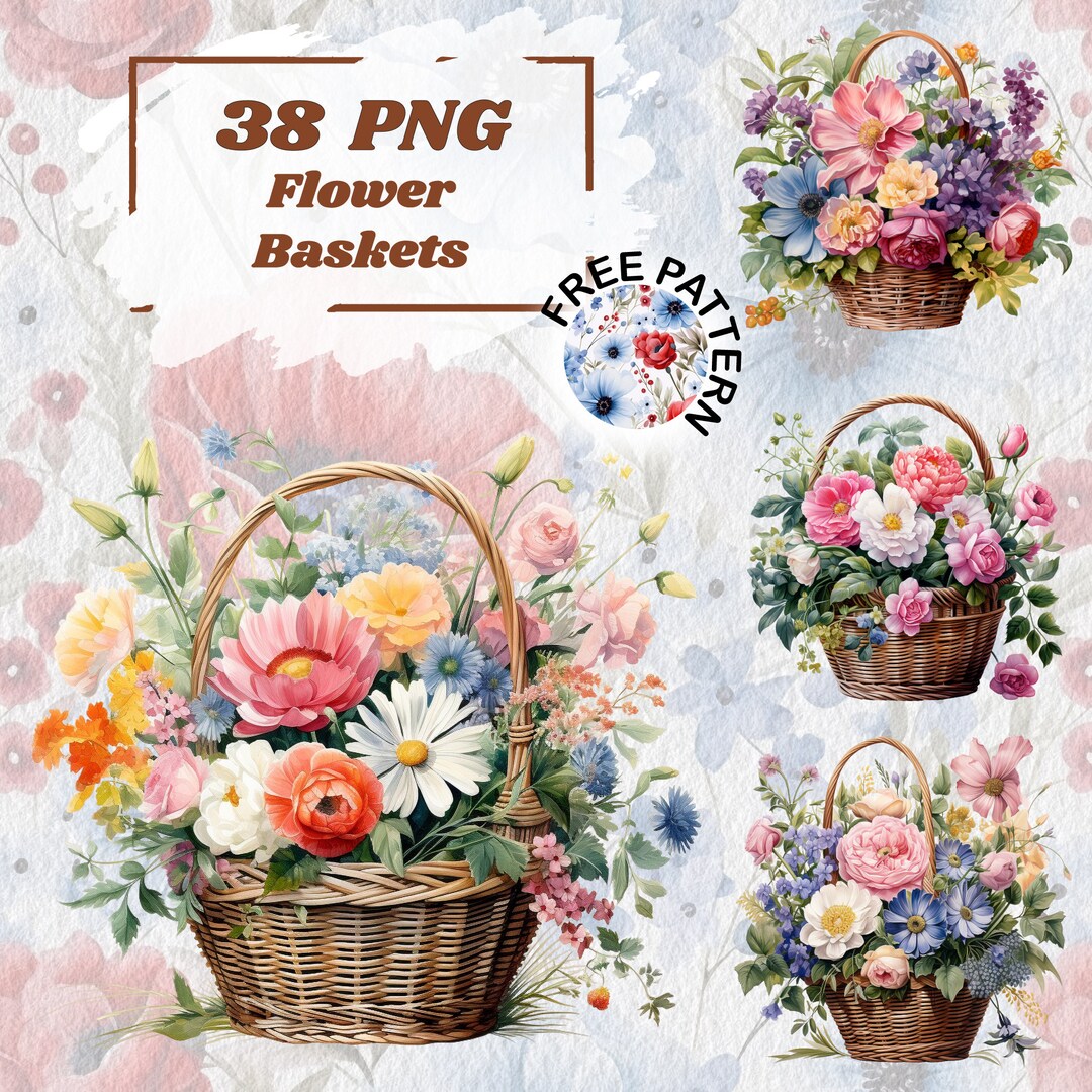Flower Basket Clipart, Spring Flowers PNG, Commercial Use, Digital ...