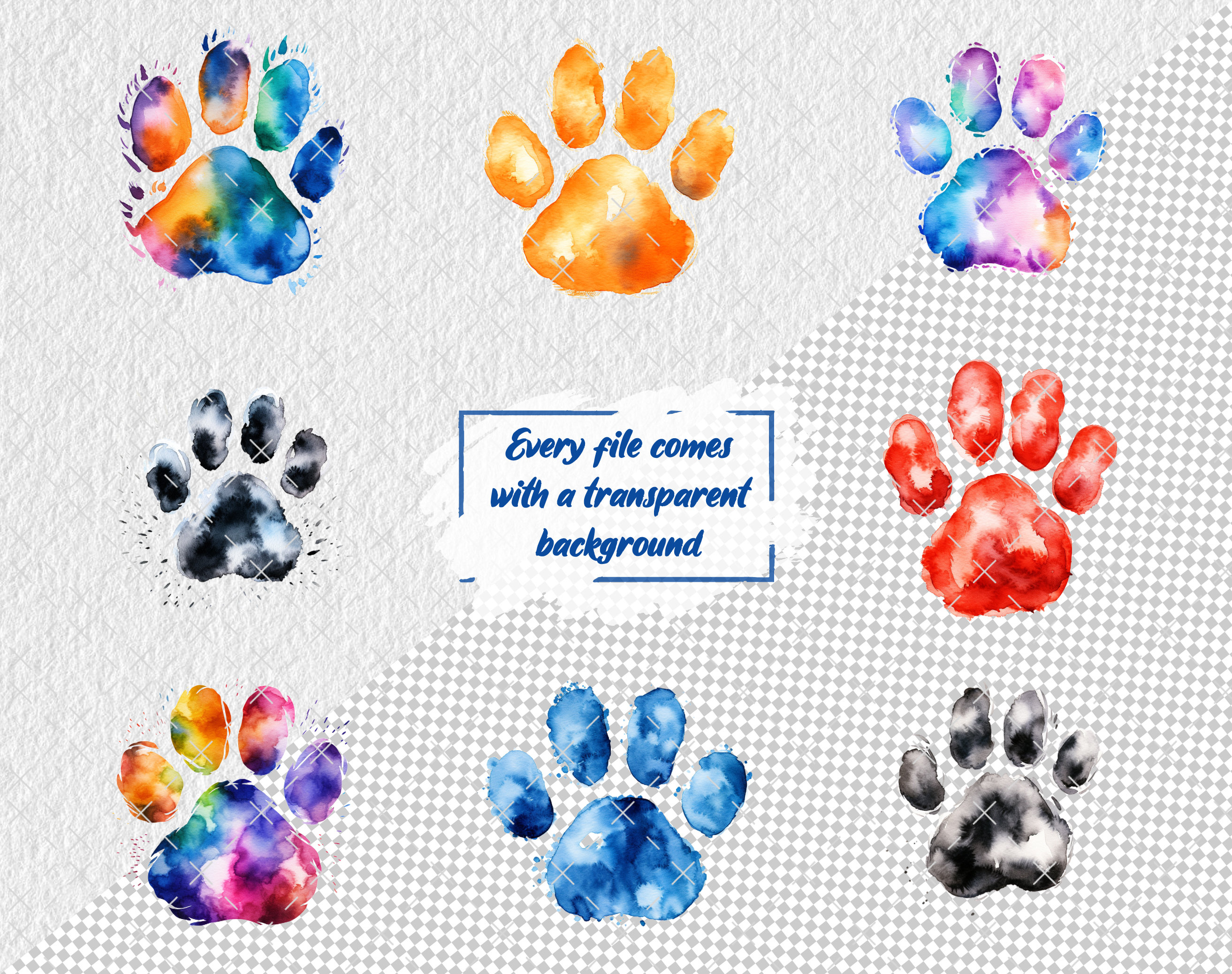 Watercolor Paw Print Dog Paw Clipart Colorful Paw Prints Cute Paws PNG ...