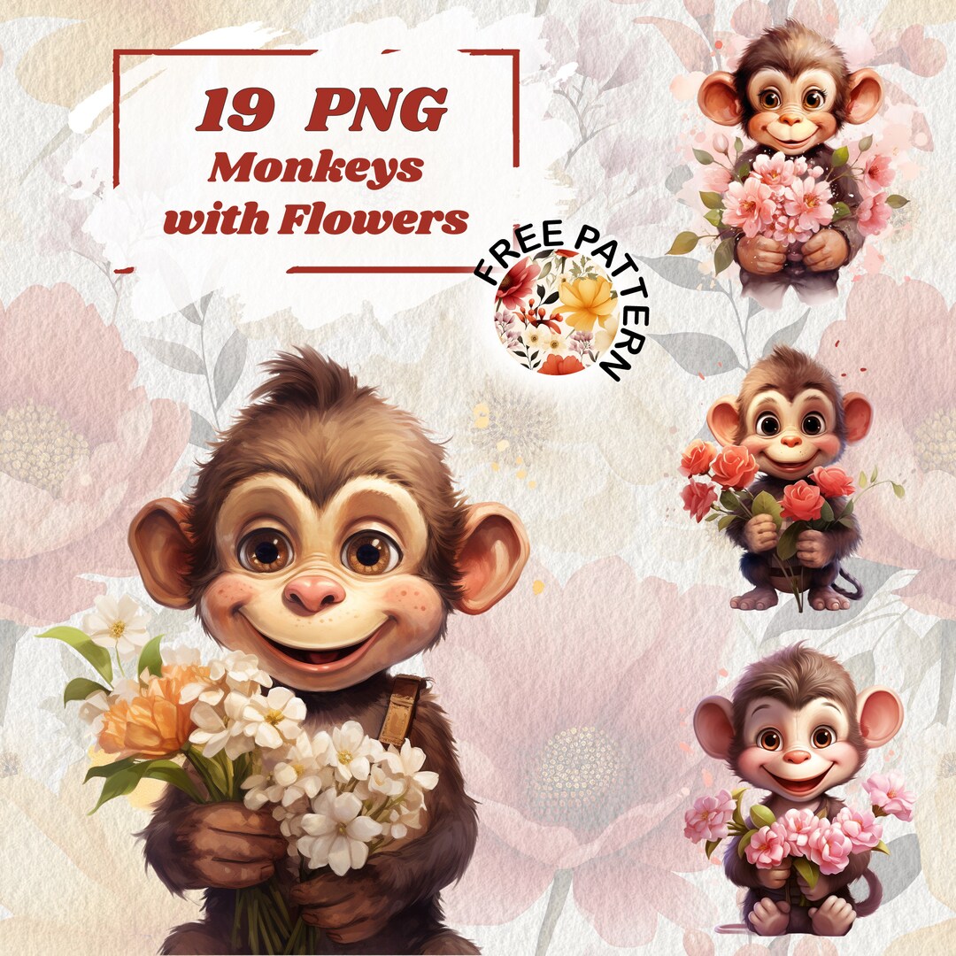 Cute Monkey Clipart, Monkey With Flowers, Monkey PNG Spring Flowers ...