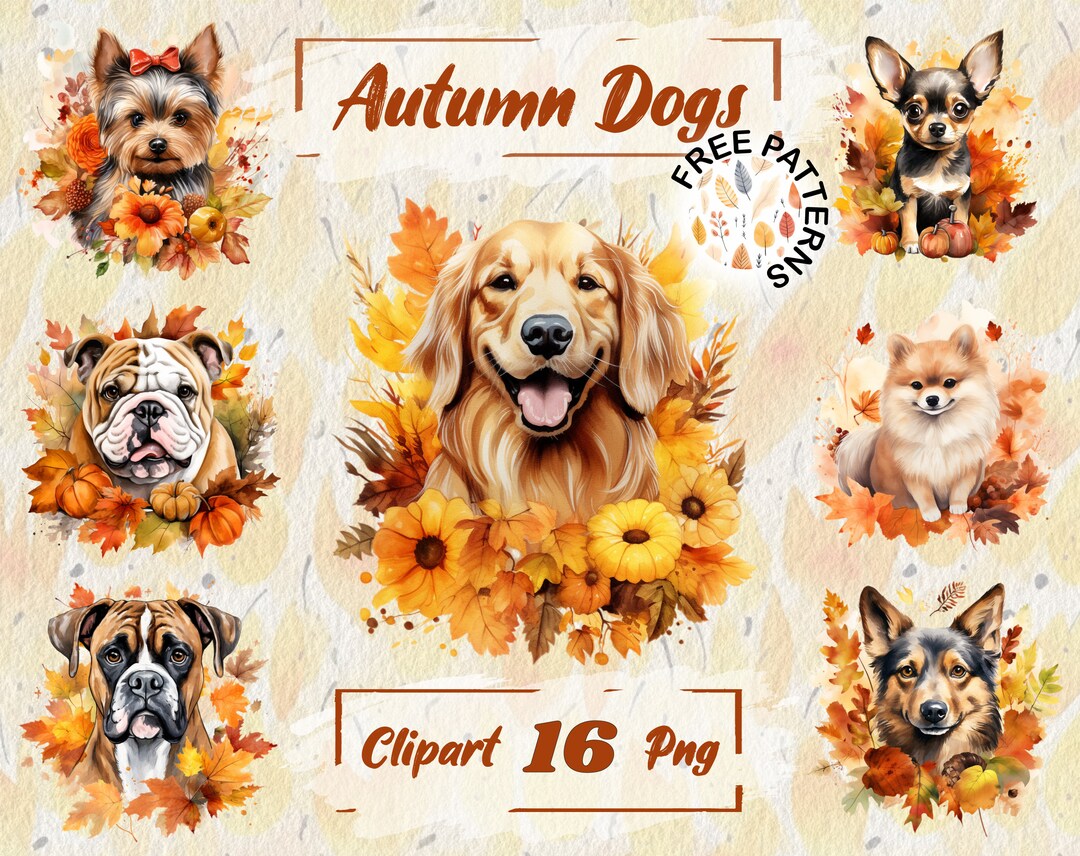Watercolor Fall Dogs Clipart Autumn Clipart Autumn Dog PNG Fall Flowers ...