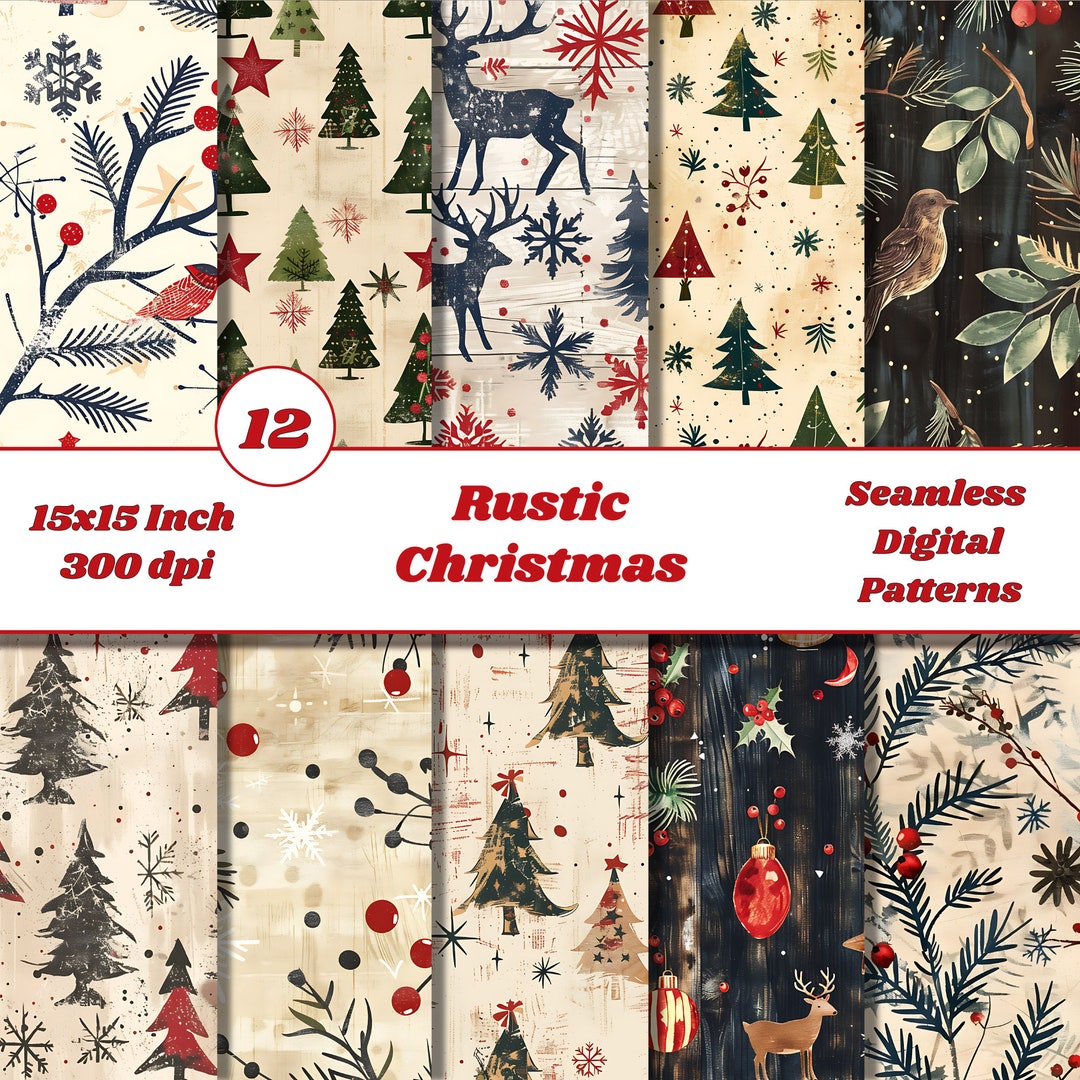 Rustic Christmas Digital Seamless Patterns | Vintage Holiday ...