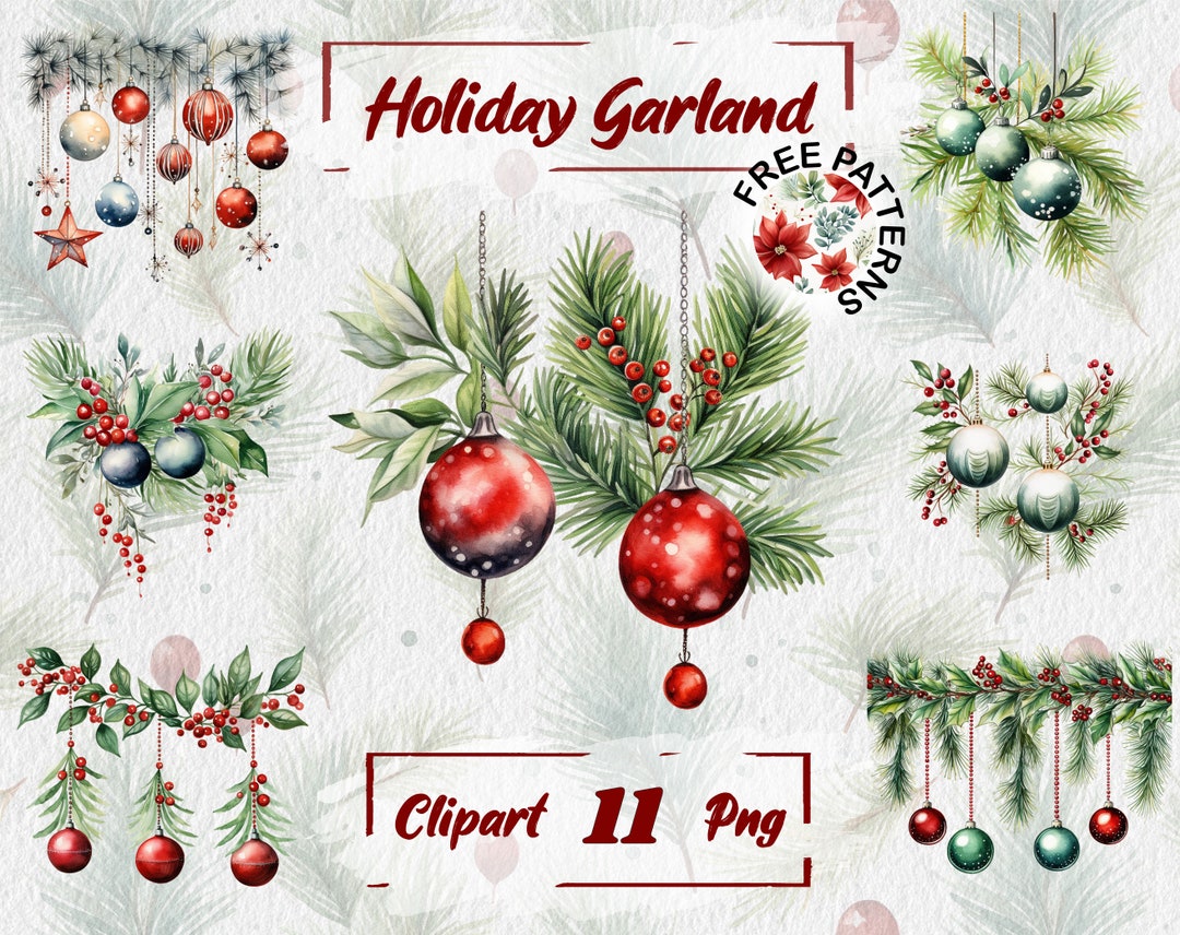 Christmas Garland Clipart, Watercolor Xmas Garland, Transparent ...