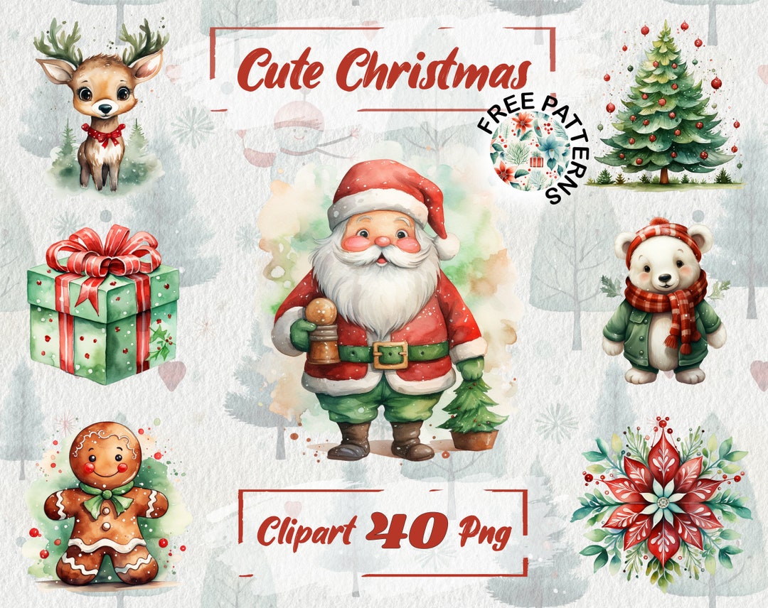 Watercolor Christmas Clipart, Cute Christmas Graphics, Kawaii Christmas ...