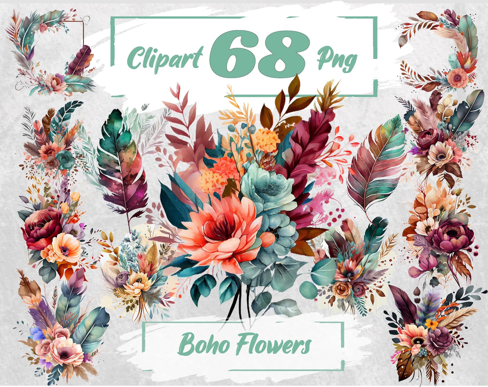 Boho Flowers PNG Watercolor Floral Clipart Bouquets Elegant Boho Flower ...