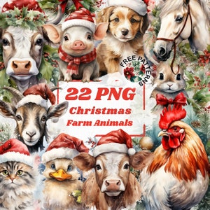 Christmas Farm Animals Clipart Watercolor Farm Animals Christmas ...