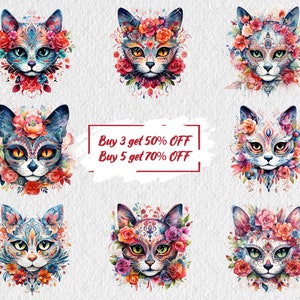 Sugar Skull Cat Clipart, Watercolor Sugar Skull PNG, Dia De Los Muertos ...