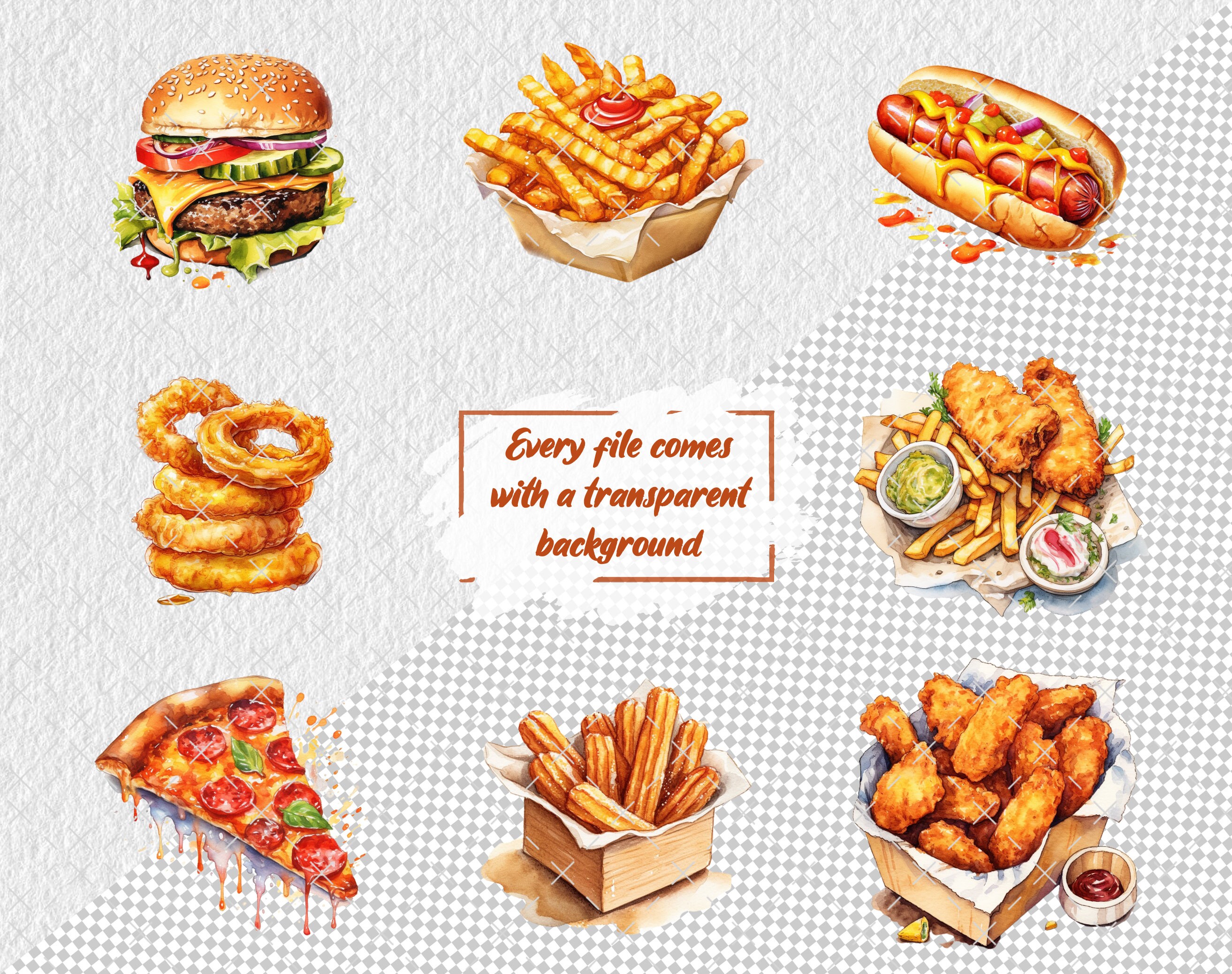 Watercolor Fast Food French Fries Clipart Hamburger PNG Bundle - Etsy