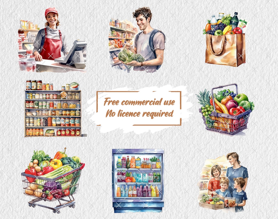 Watercolor Grocery Store Clipart Buying Food Clipart Groceries - Etsy