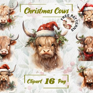 Cute Christmas Cow Clipart, Watercolor Christmas Graphics, Highland Cow ...