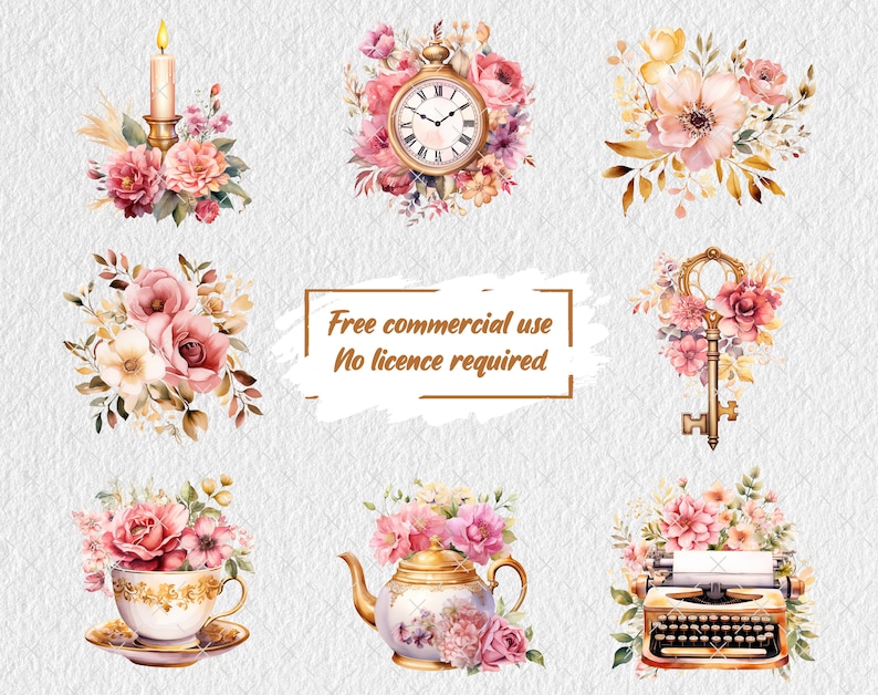Watercolor Pink Vintage Clipart Watercolor Antique Objects Pink and ...
