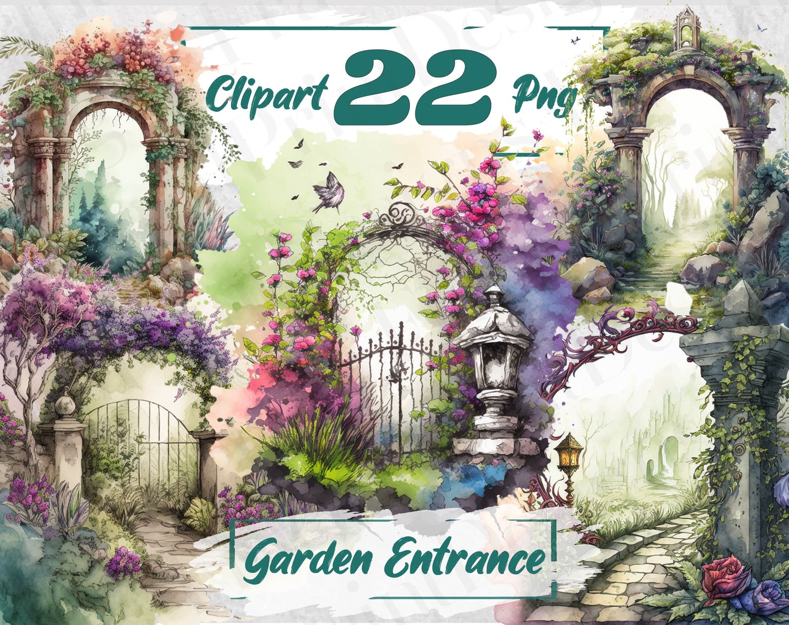 Watercolor Secret Garden Clipart Fantasy Garden Entrance Bundle Fantasy ...