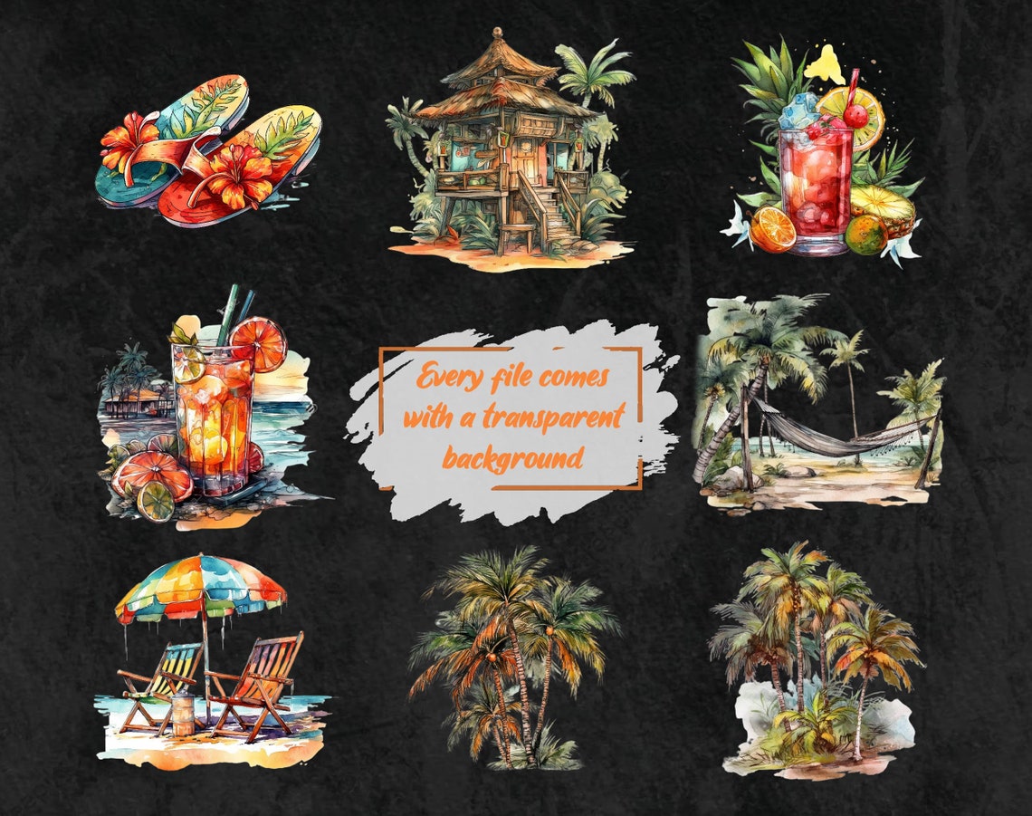 Watercolor Tropical Vacation Summer Clipart Tropical PNG - Etsy