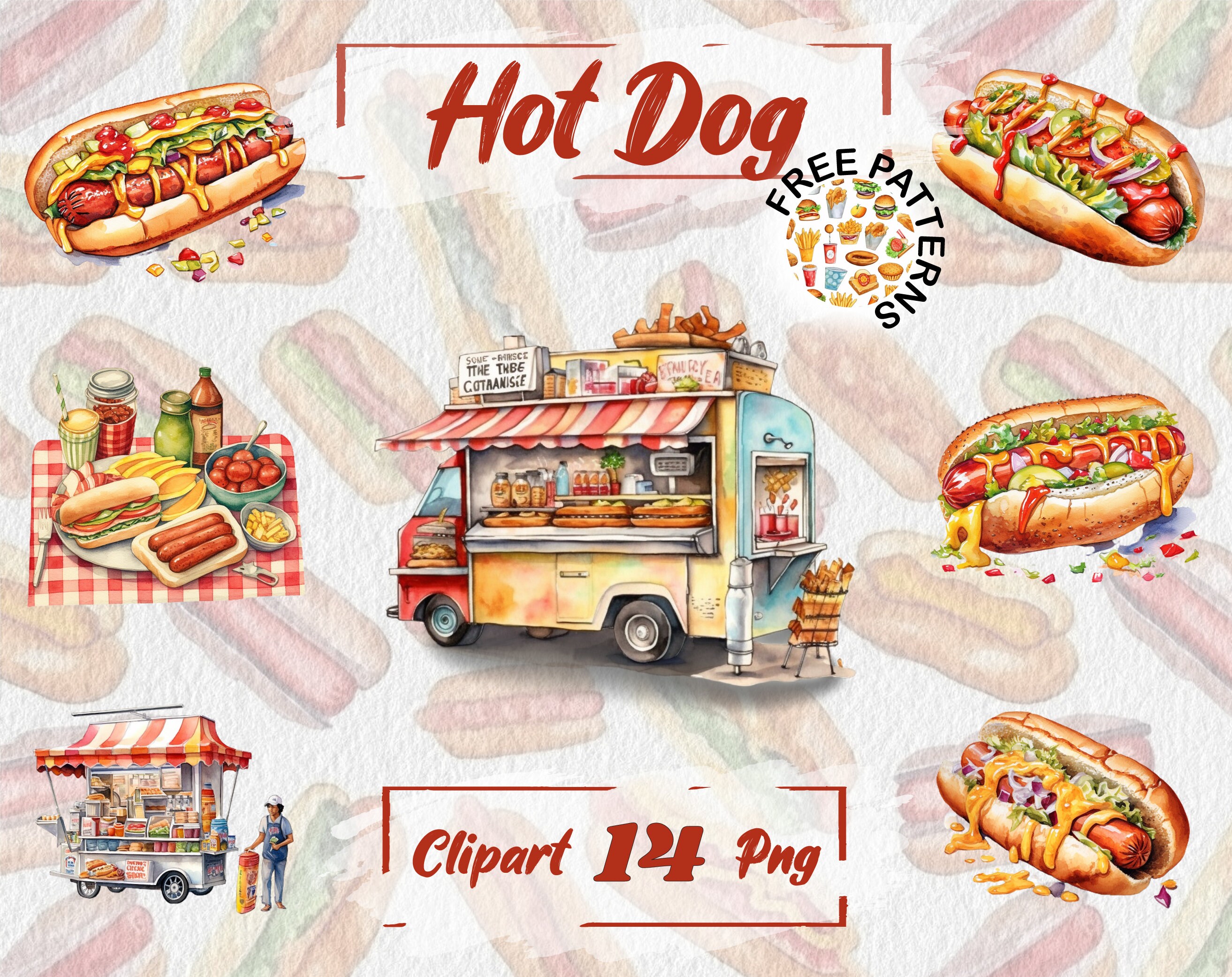 Watercolor Hot Dog Fast Food Clipart Hot Dog Clipart Hot Dog PNG Bundle ...