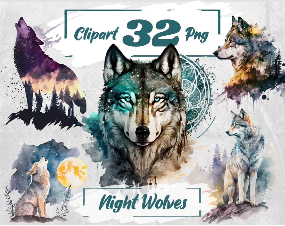 Watercolor Wolf PNG Bundle Cosmic Wolves Clipart Bundle - Etsy