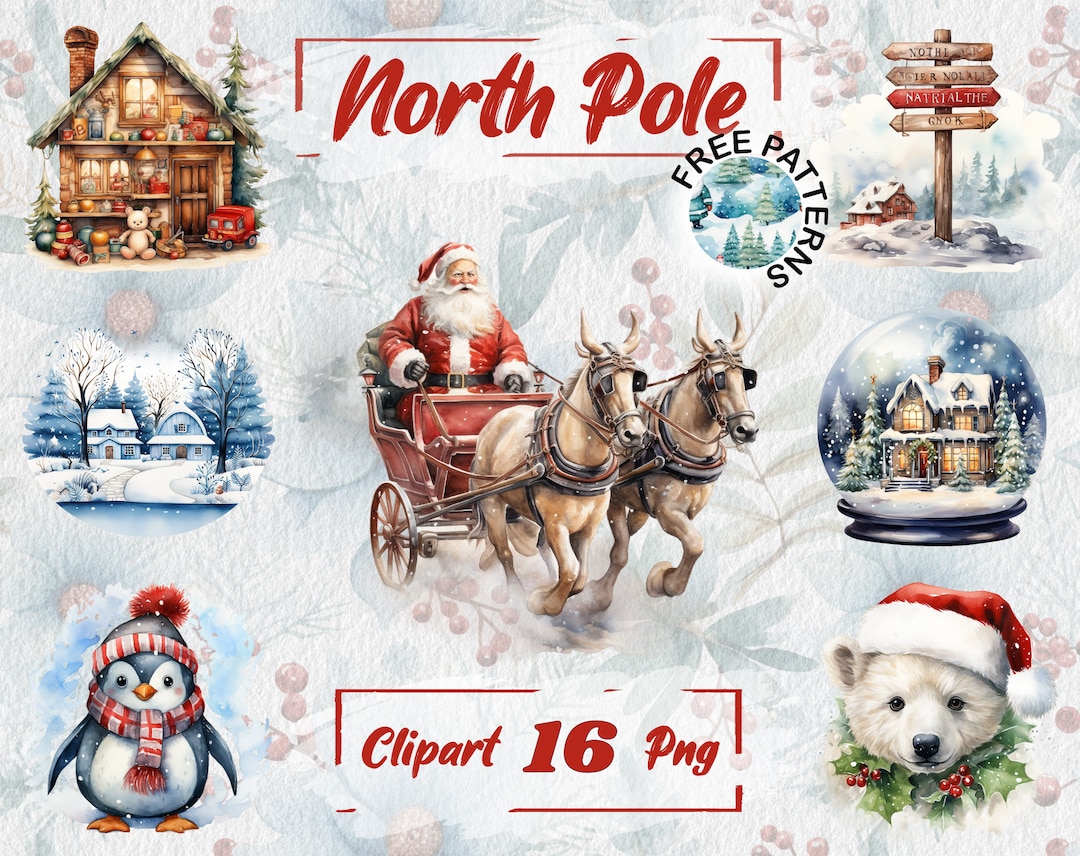 Christmas North Pole Clipart, Watercolor Christmas Clipart, Christmas ...
