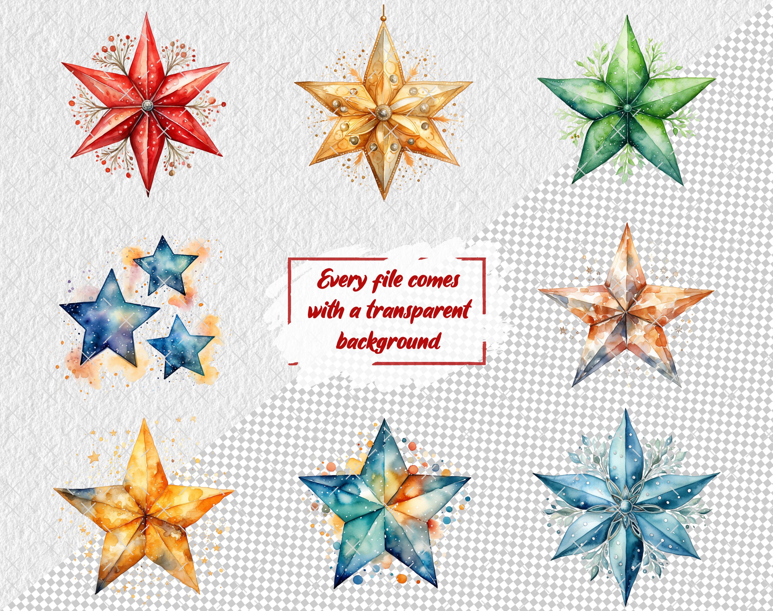 Christmas Sparkling Star, Watercolor Stars Clipart, Transparent Images ...