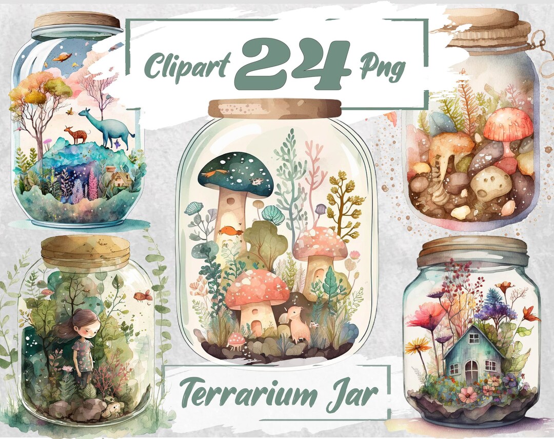Watercolor Terrarium Jar Fairy House Illustration Bundle Garden ...