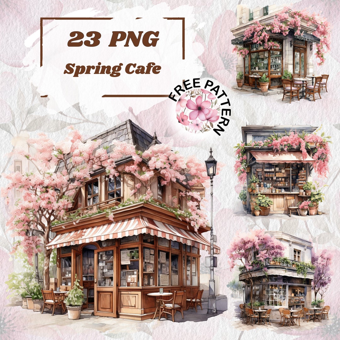 Watercolor Spring Cafe Clipart, Printable Spring Clipart, Cafe Interior ...