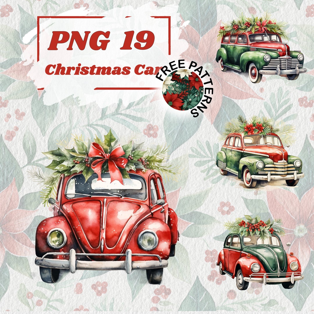 Christmas Car PNG, Watercolor Xmas Truck, Christmas Clipart Bundle ...