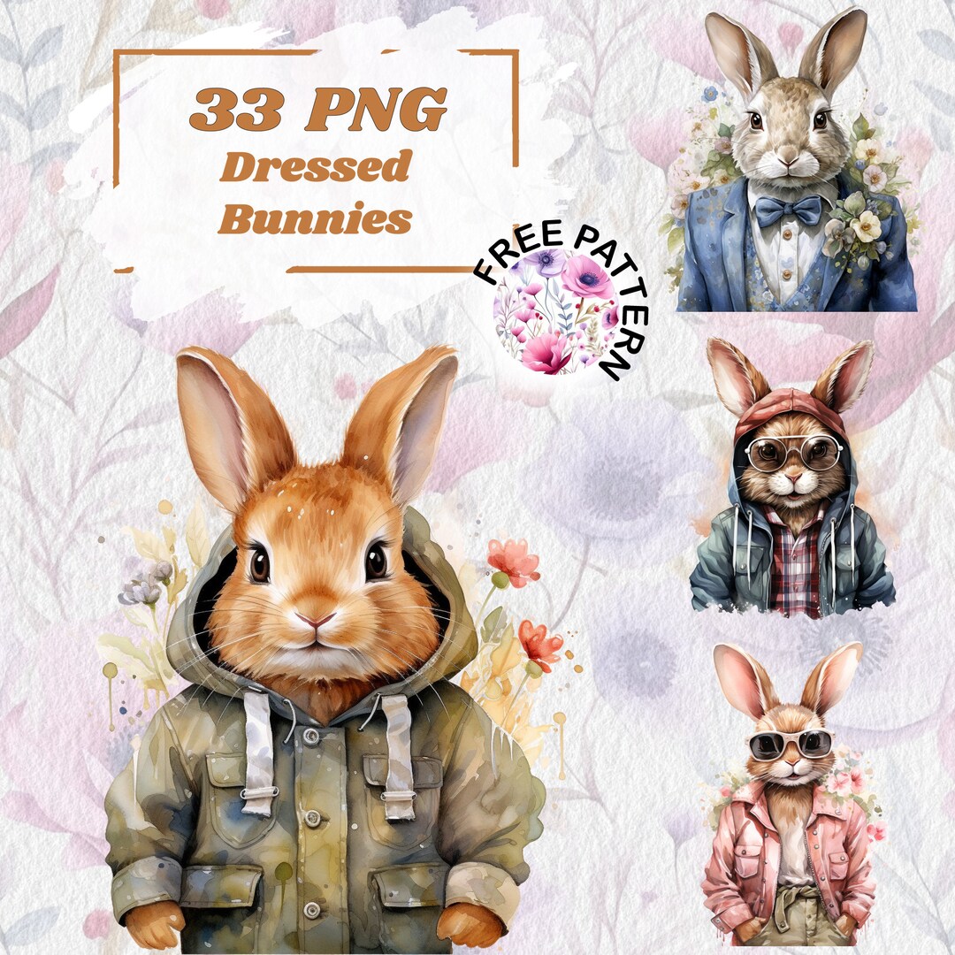 Watercolor Bunnies in Clothes Clipart, Dressed Bunny Clipart ...