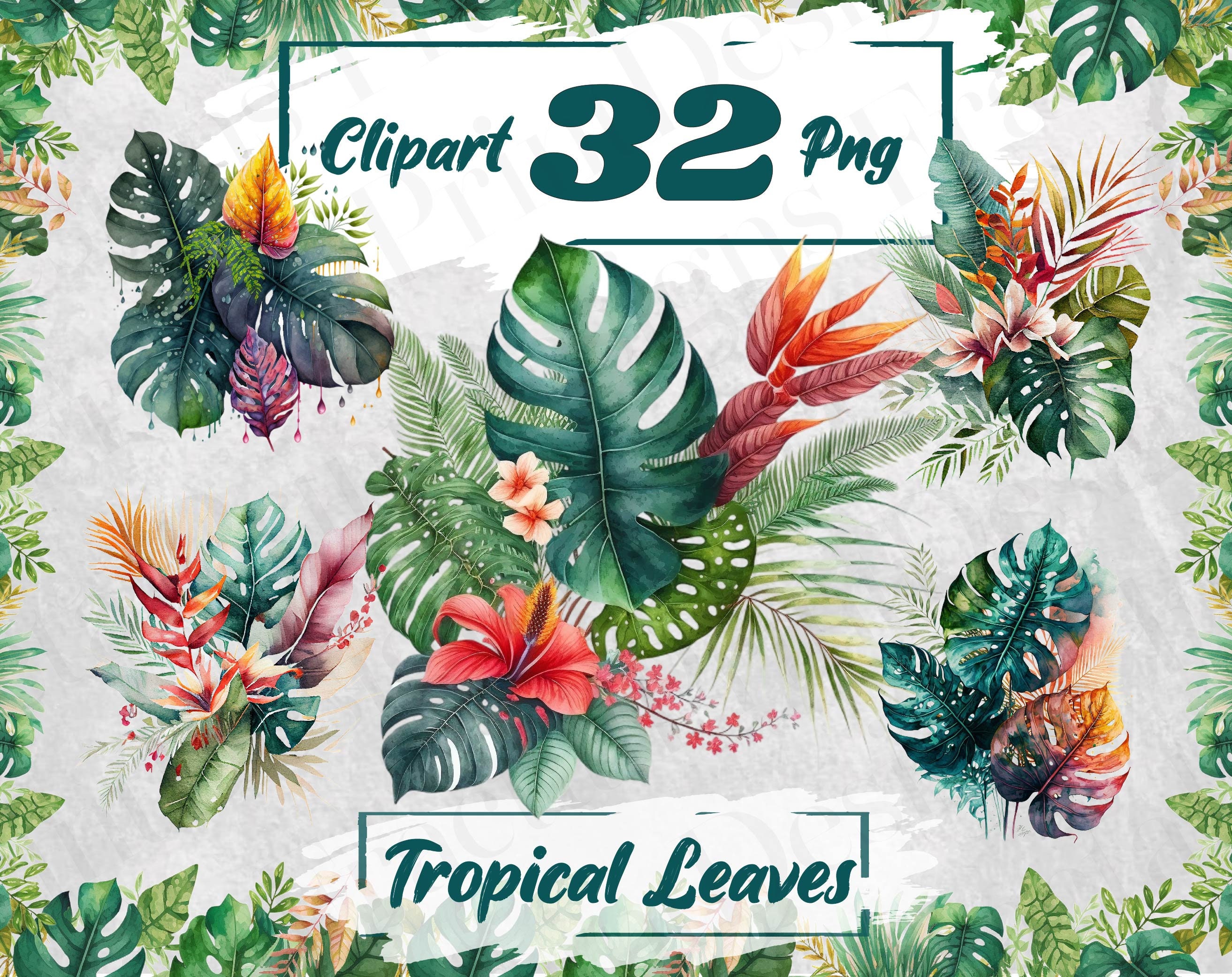 Watercolor Tropical Leaves Clipart Tropical Leaf PNG Summer - Etsy