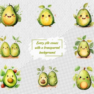 Cute Avocado Clipart, Watercolor Avocado Graphics, Kawaii Clipart ...