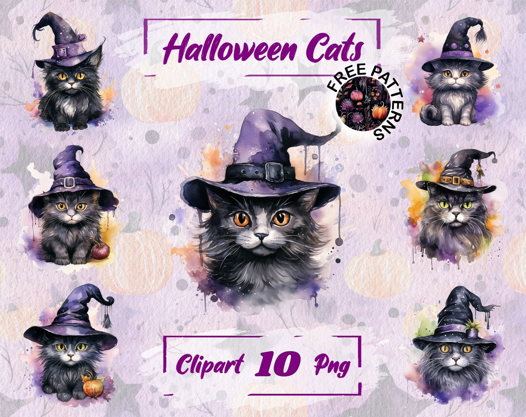 Watercolor Halloween Cat Cute Cat Clipart Black Cat PNG Witch Cat ...