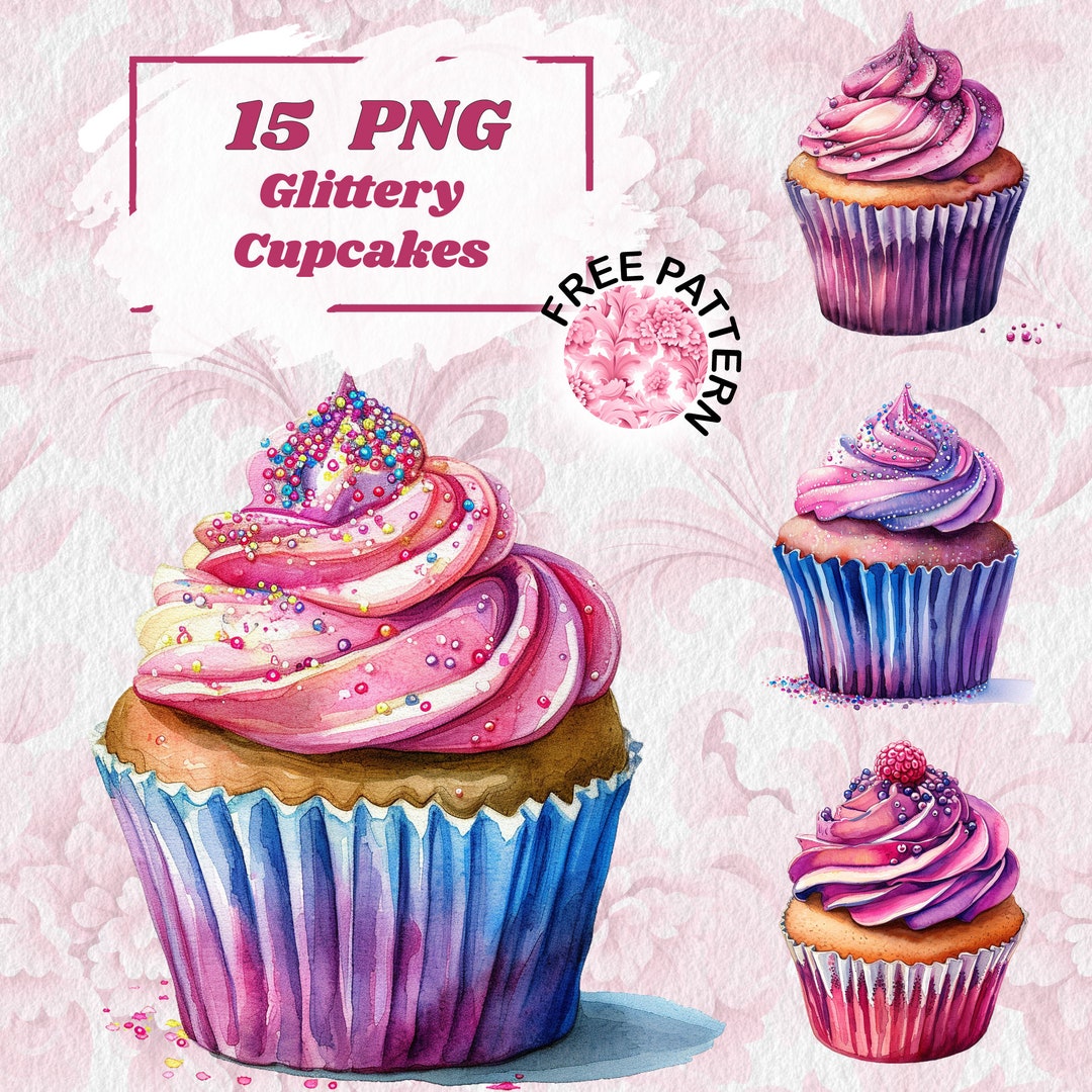 Watercolor Cupcake Clipart Bundle , Glittery Cupcakes, Watercolor ...